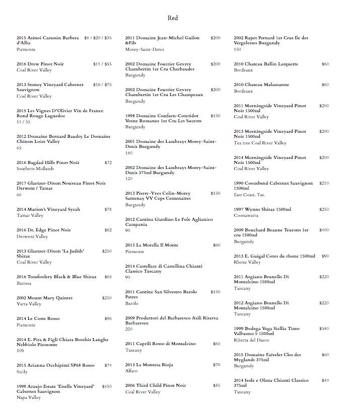 Menu at Fico restaurant, Hobart