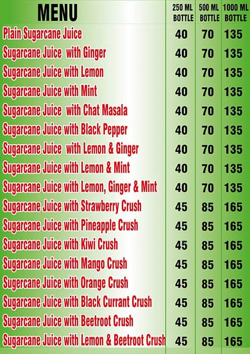 Menu of Healthy Sugarcane Juice, Gandipet, Hyderabad