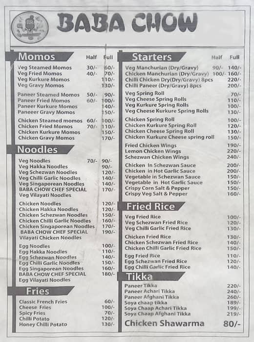 Menu of Baba Chow, Sector 31, Faridabad