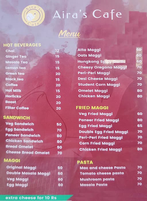 Menu of Aira's Cafe, Kukatpally, Hyderabad