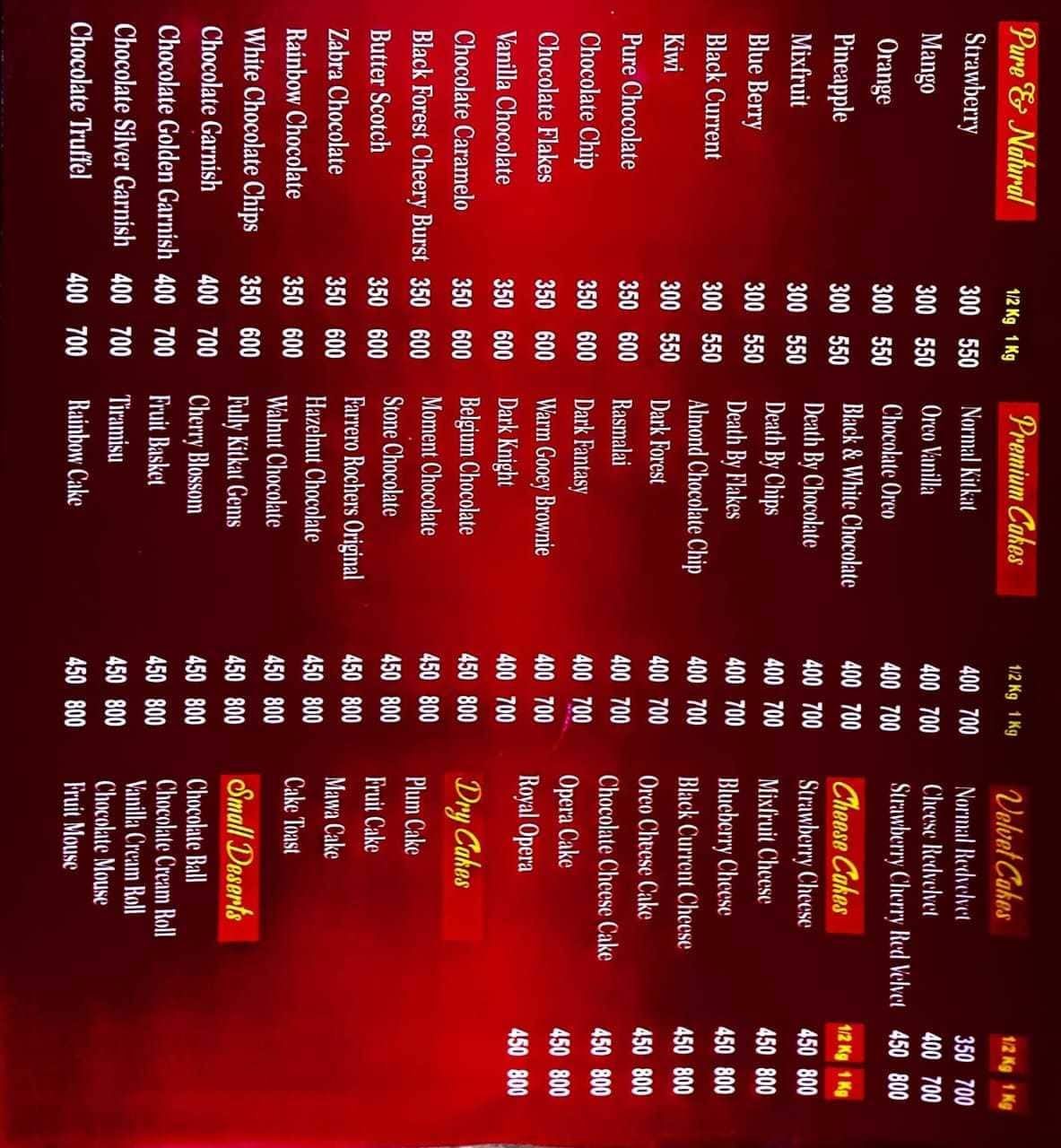 Menu of Wonder Cakes, Jogeshwari, Mumbai