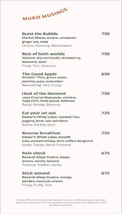 Menu of Muro, Church Street, Bangalore