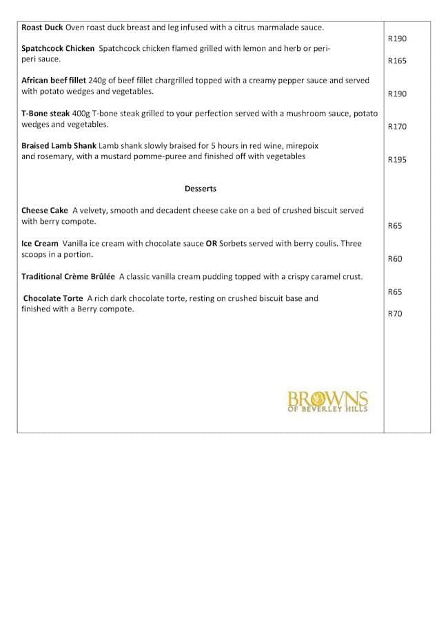 Menu at Beverly Hills Lodge, Sandton