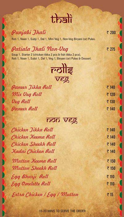 Menu at Bhatinda Xpress, Chennai, 4/19A