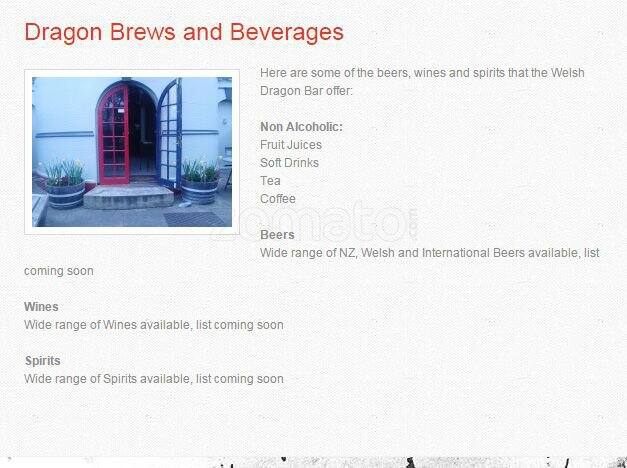 Menu at The Welsh Dragon Bar, Wellington, 10a Cambridge Ter