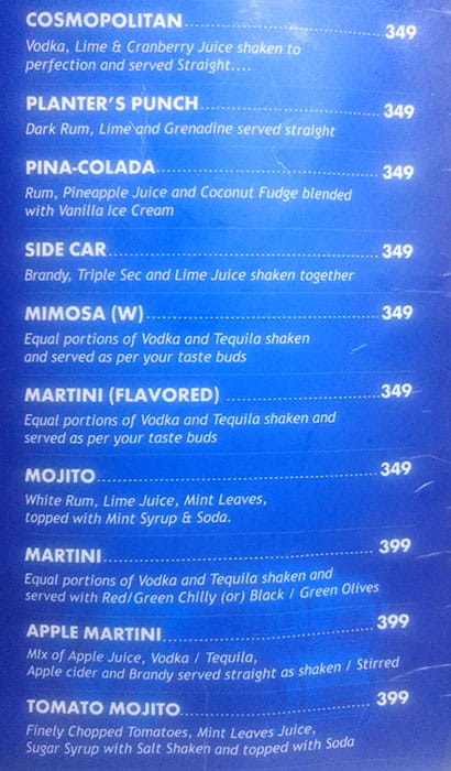Menu at Glasshopper, Chennai