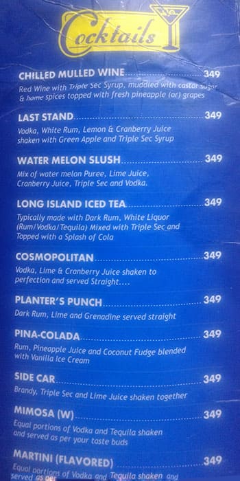 Menu at Glasshopper, Chennai