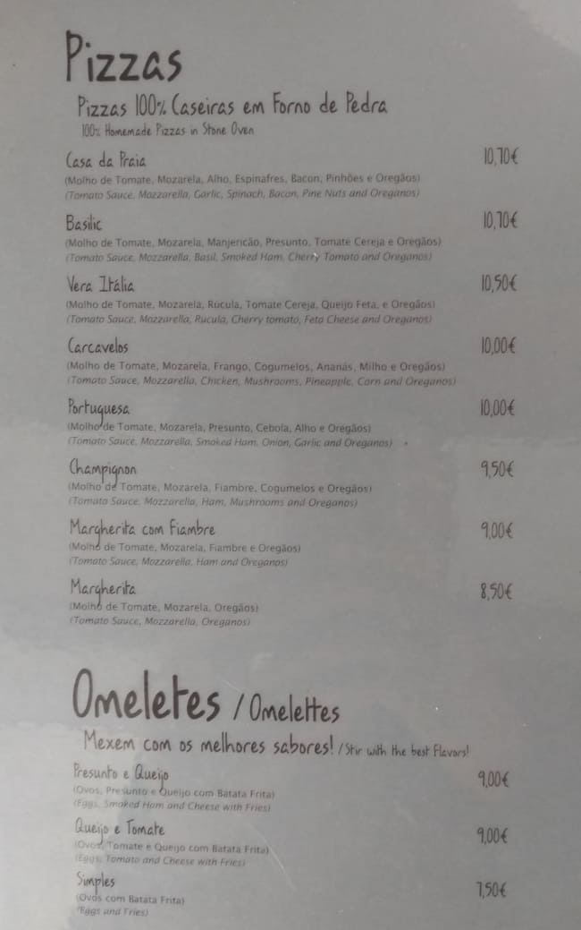Menu at Casa da Praia restaurant, Carcavelos