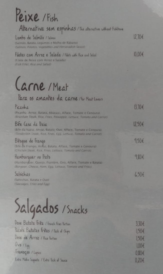 Menu at Casa da Praia restaurant, Carcavelos