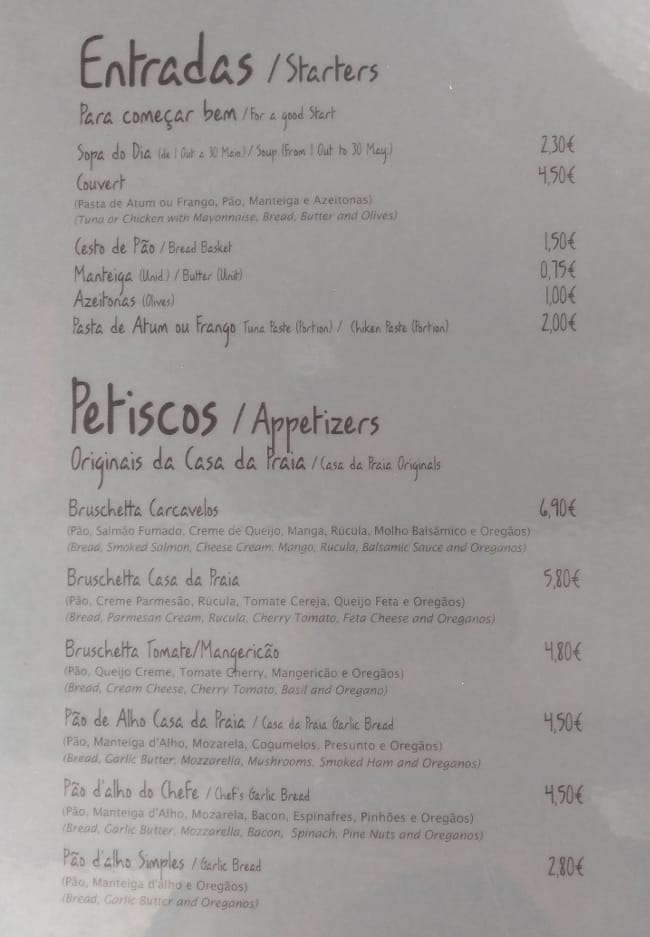 Menu at Casa da Praia restaurant, Carcavelos