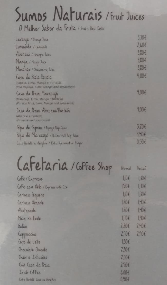 Menu at Casa da Praia restaurant, Carcavelos