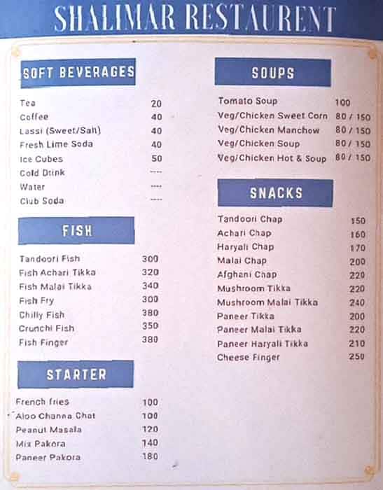 Menu of Shalimar, Utrathiya, Zirakpur