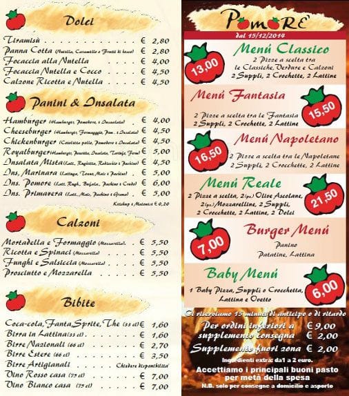Menu at Pomore' pizzeria, Rome