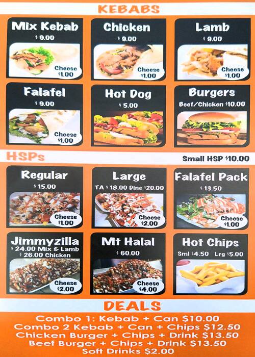 Menu at Jimmyz Kebabs fast food, Boronia