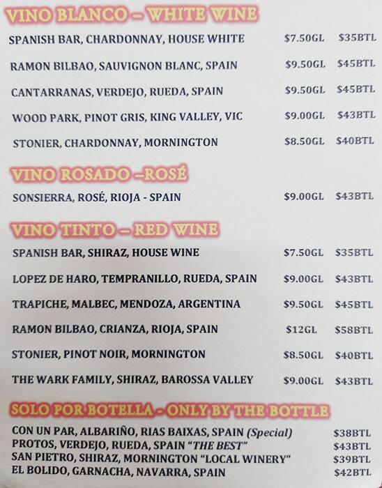 Menu at Spanish Bar, Seaford