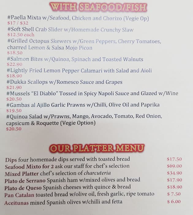 Menu at Spanish Bar, Seaford