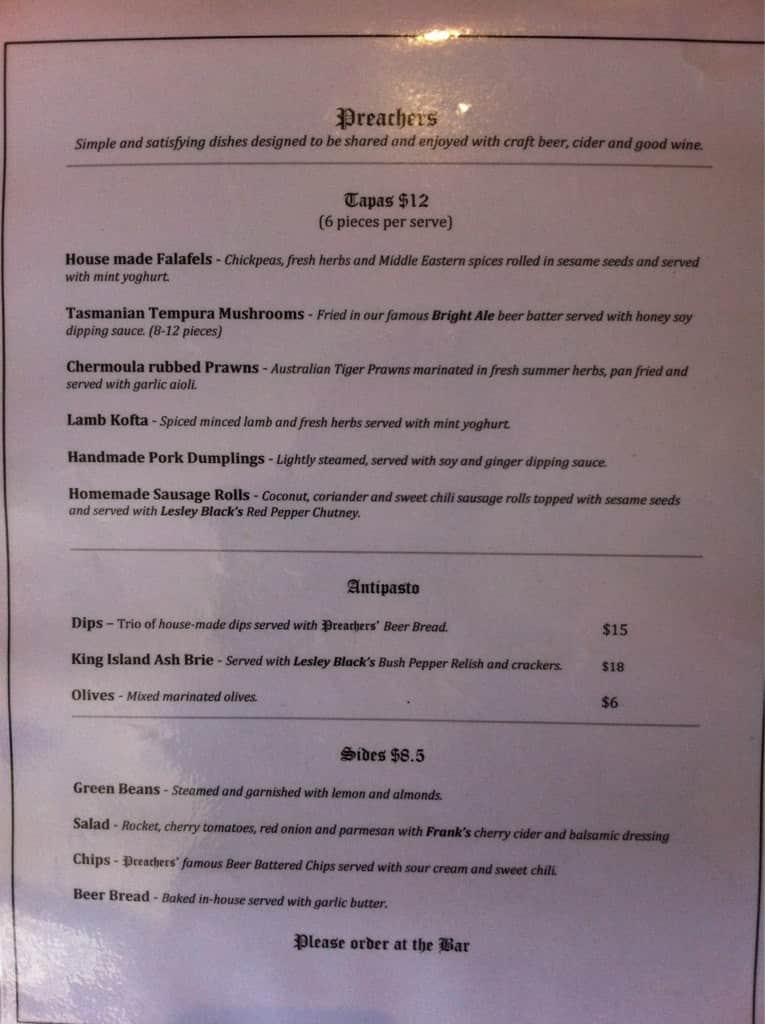 Menu at Preachers pub & bar, Hobart