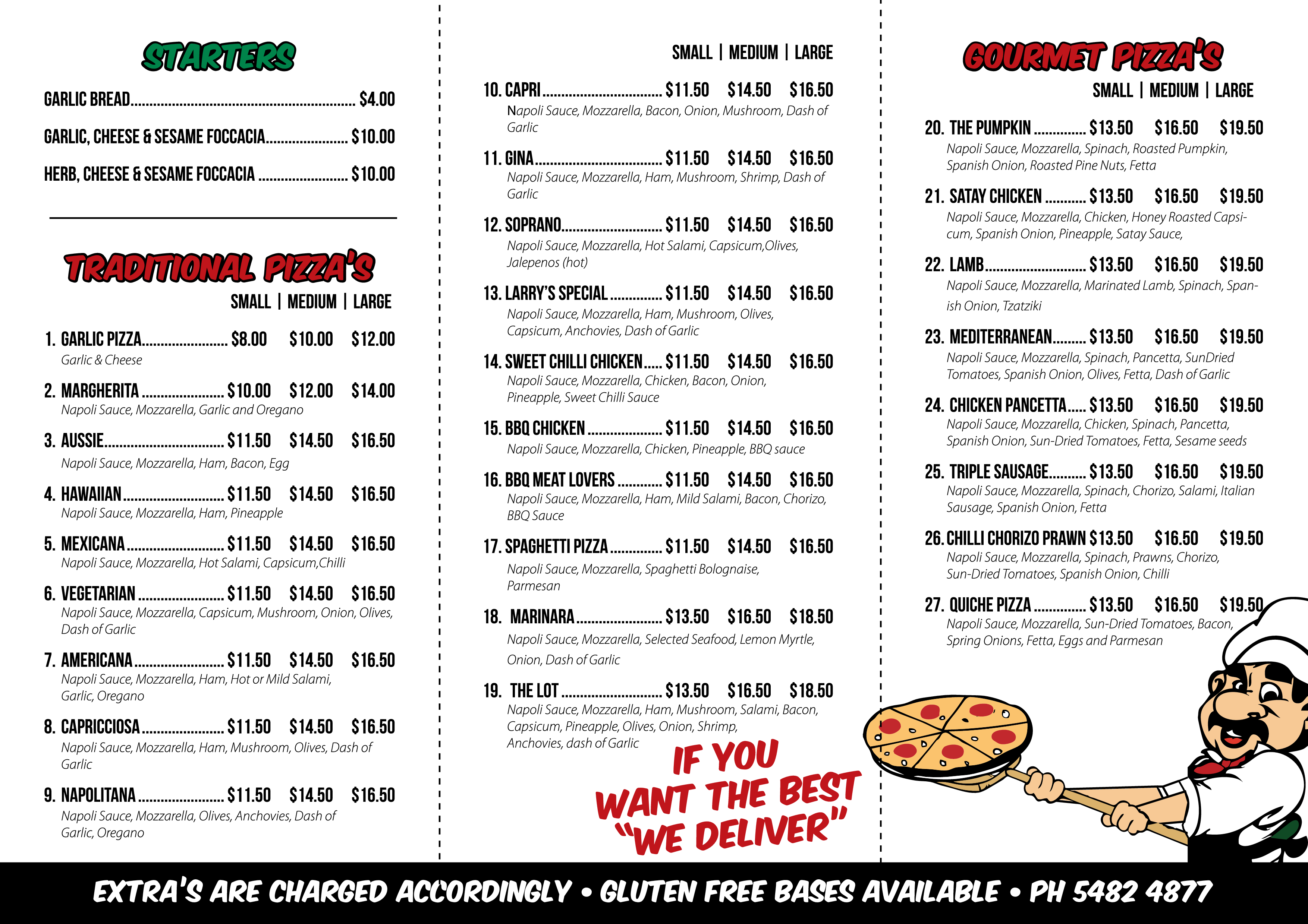 Menu at Taranto's Pizza restaurant, Echuca