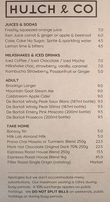 Menu at Hutch & Co Cafe, Lilydale