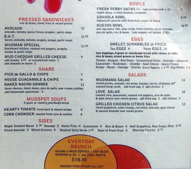 Menu at MUD SPOT aka MUD pub & bar, New York City