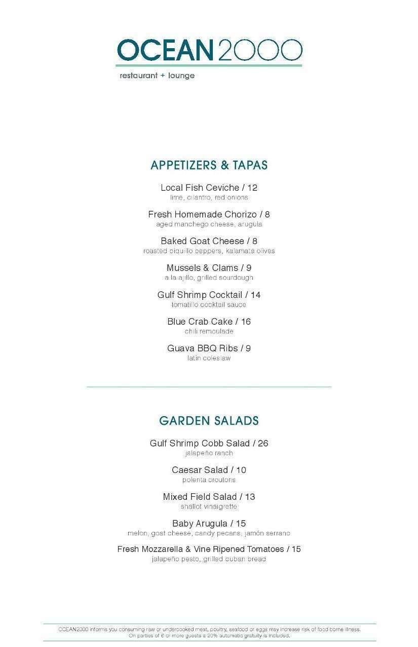 Ocean 2000 Menu, Menu for Ocean 2000, Lauderdale-by-the-Sea, Miami ...