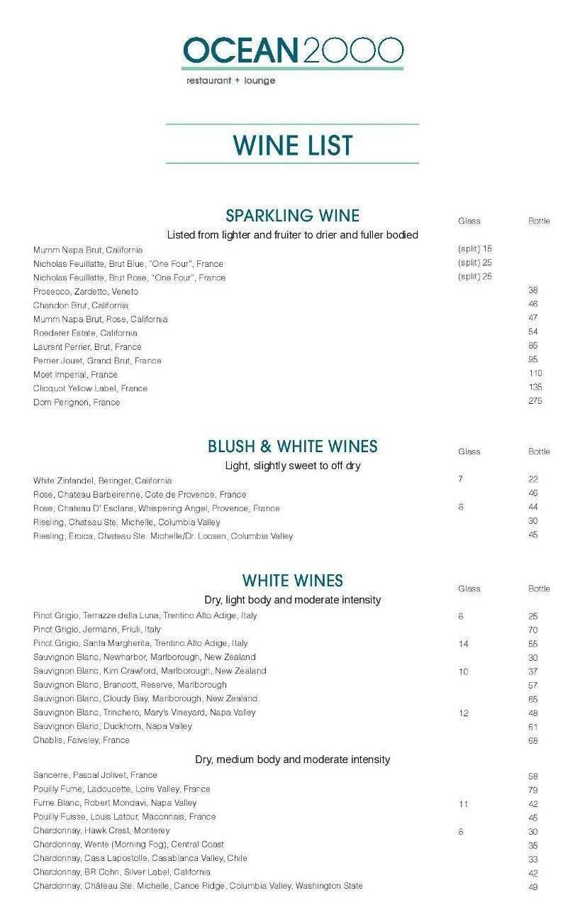 Menu at OCEAN2000 restaurant, Fort Lauderdale