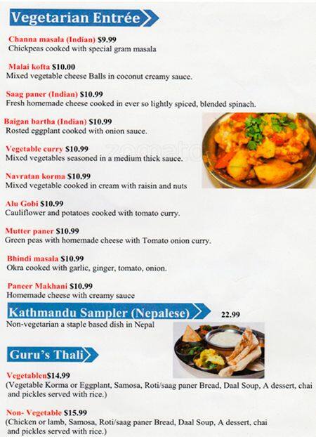 Menu at Guru's Restaurant, Montrose