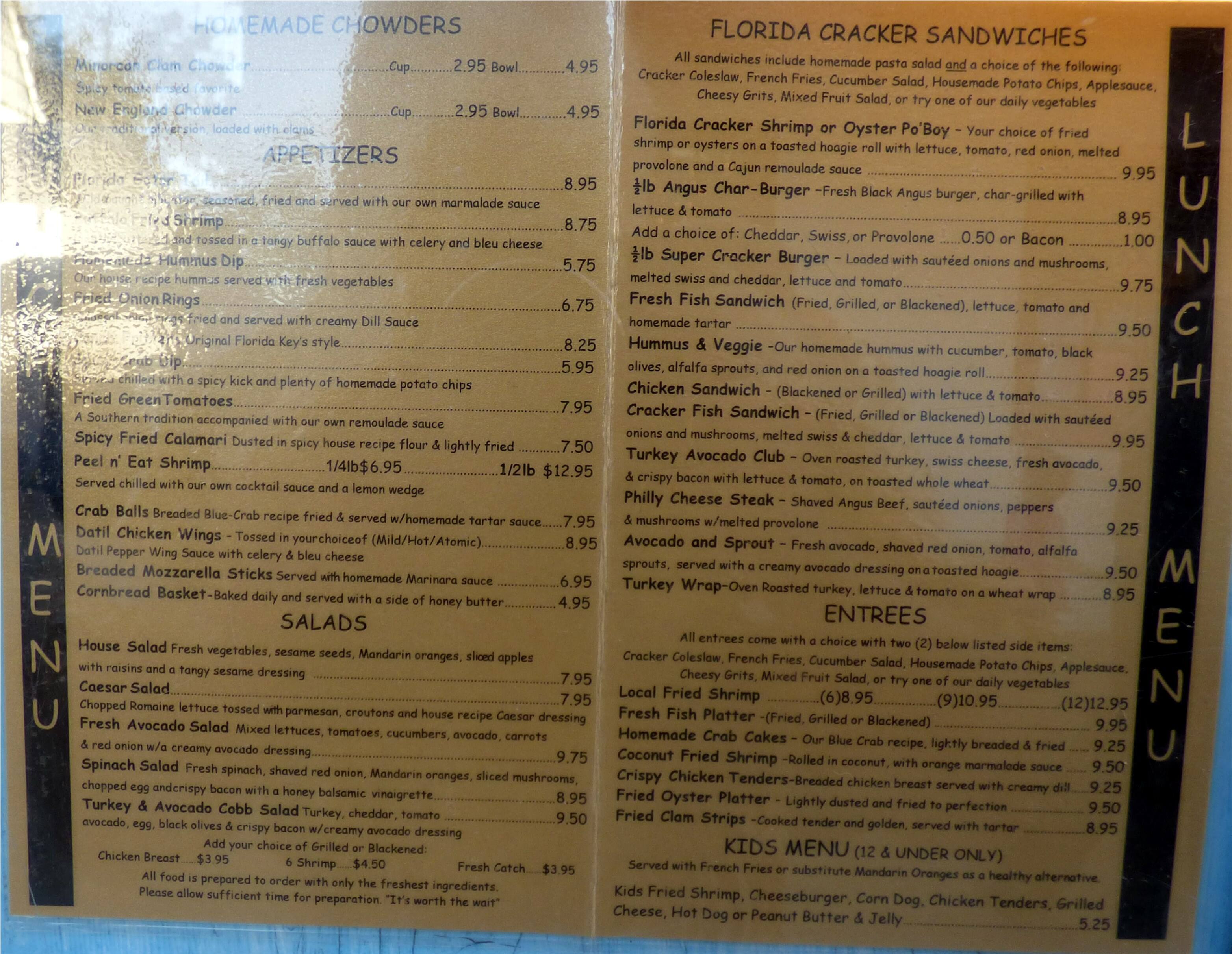Menu at The Florida Cracker Cafe, St. Augustine