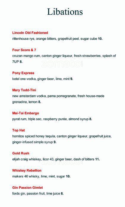 Menu at Lincoln Bar, Houston