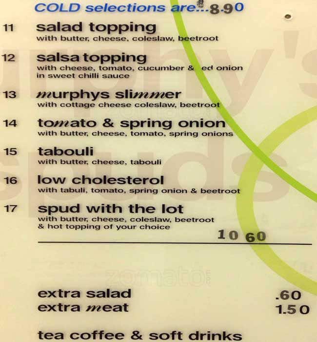 Menu at Murphy's Spuds, Adelaide