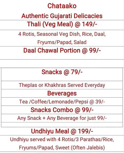 Menu of Chataako, Chakala, Mumbai