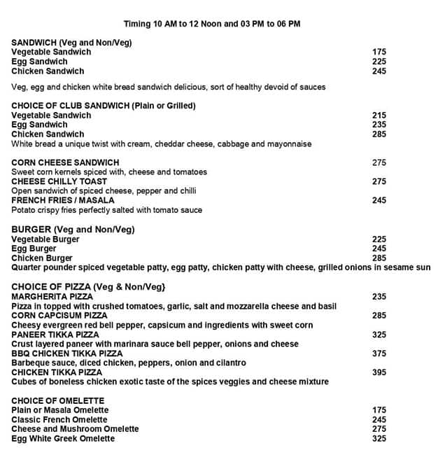 Menu at Havana Restro, Jhansi