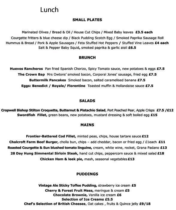 Menu at The Crown, Islington pub & bar, London, 116 Cloudesley Rd