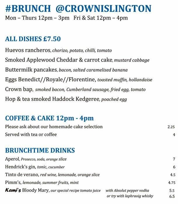 Menu at The Crown, Islington pub & bar, London, 116 Cloudesley Rd