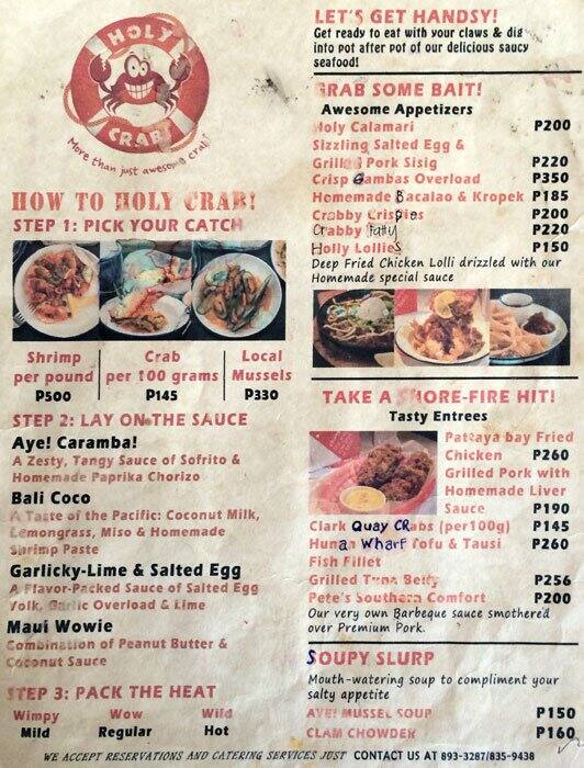Menu at Holy Crab restaurant, Pasay, 1 J.W. Diokno Blvd