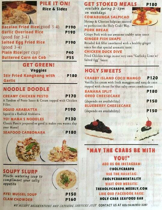 Menu at Holy Crab restaurant, Pasay, 1 J.W. Diokno Blvd