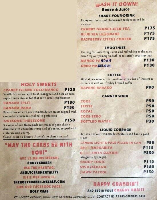 Menu at Holy Crab restaurant, Pasay, 1 J.W. Diokno Blvd