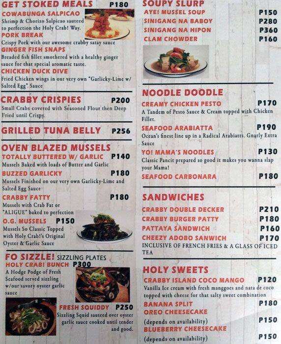Menu at Holy Crab! restaurant, Parañaque