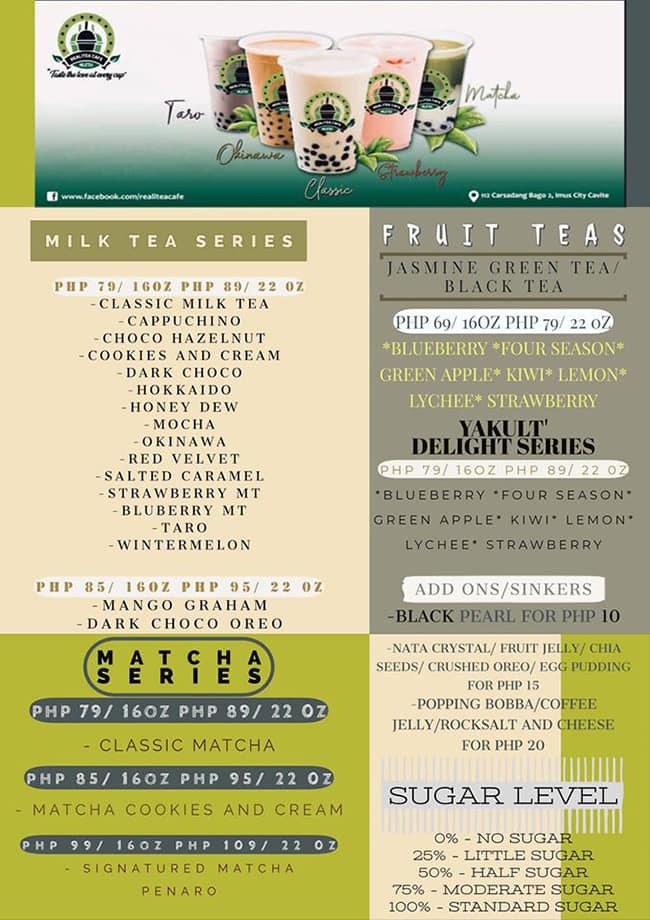 Menu at Realitea Tea House restaurant, Quezon City