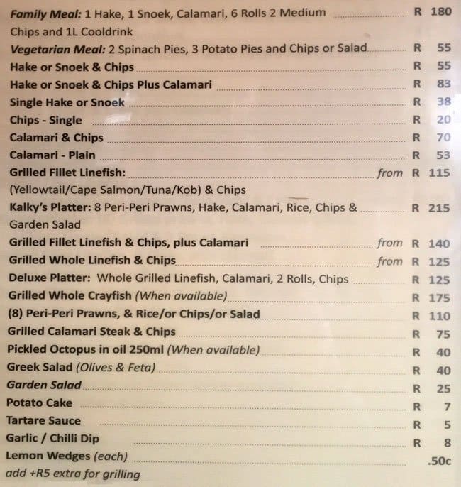 Menu at Kalky’s restaurant, Cape Town