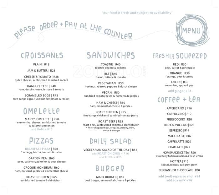 Menu at Salvation Deli (aka Three Marys) cafeteria, Johannesburg