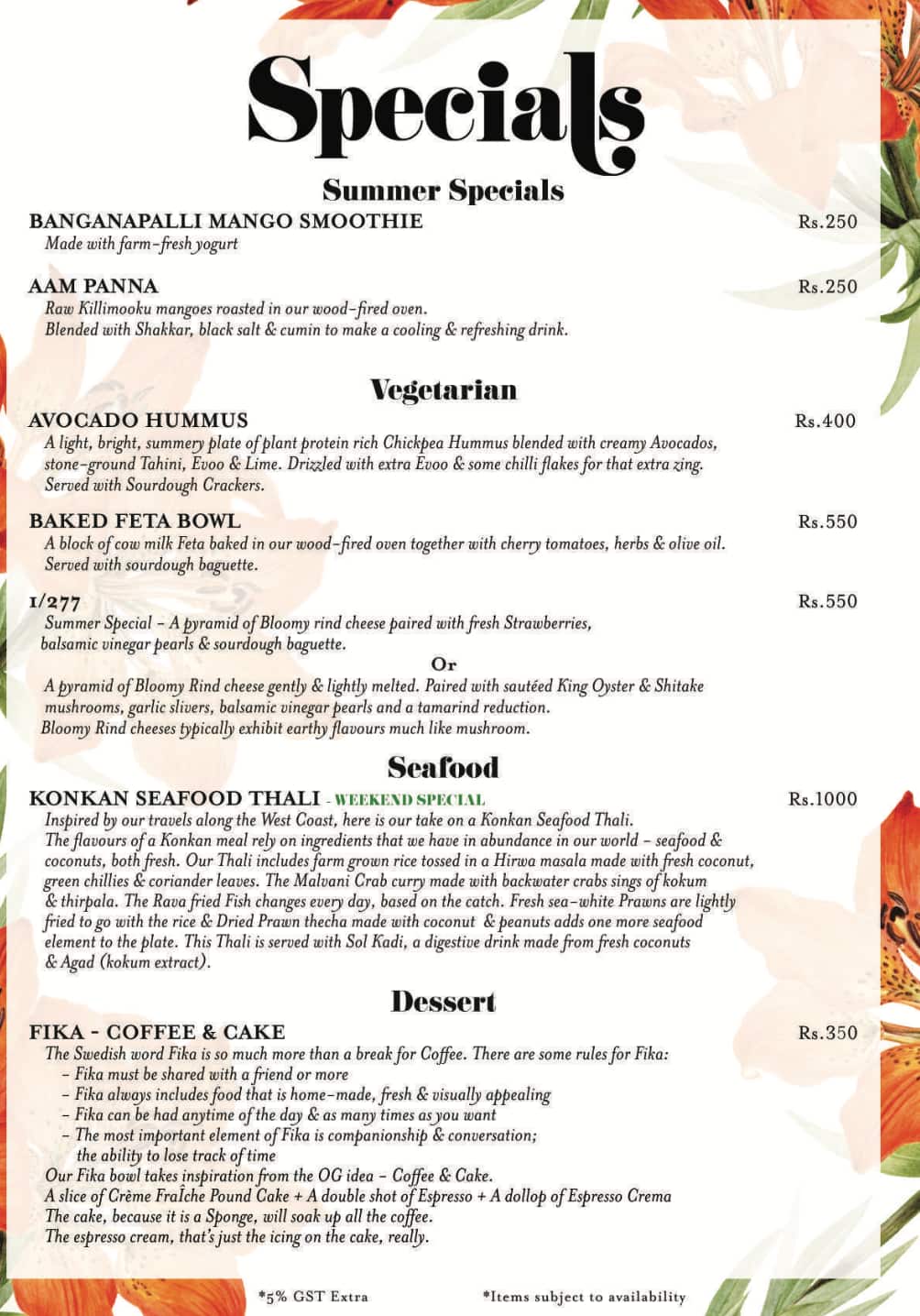 Menu of The Farm Semmancheri Chennai