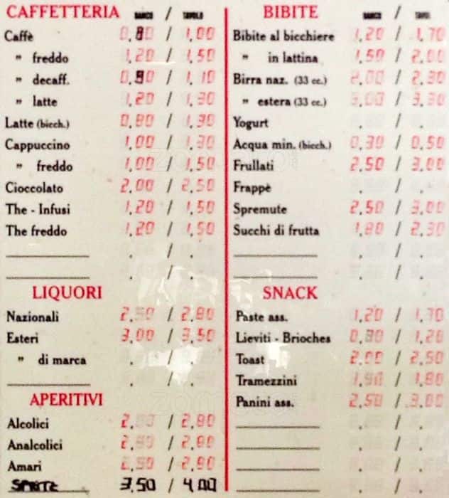 Menu at Bar Vecchia Roma, Rome, Via Taranto