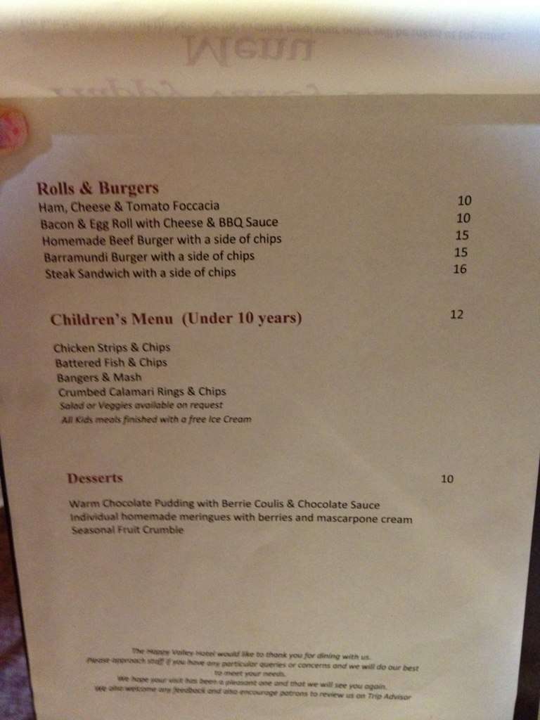 Menu at Happy Valley Hotel Ovens pub & bar, Ovens