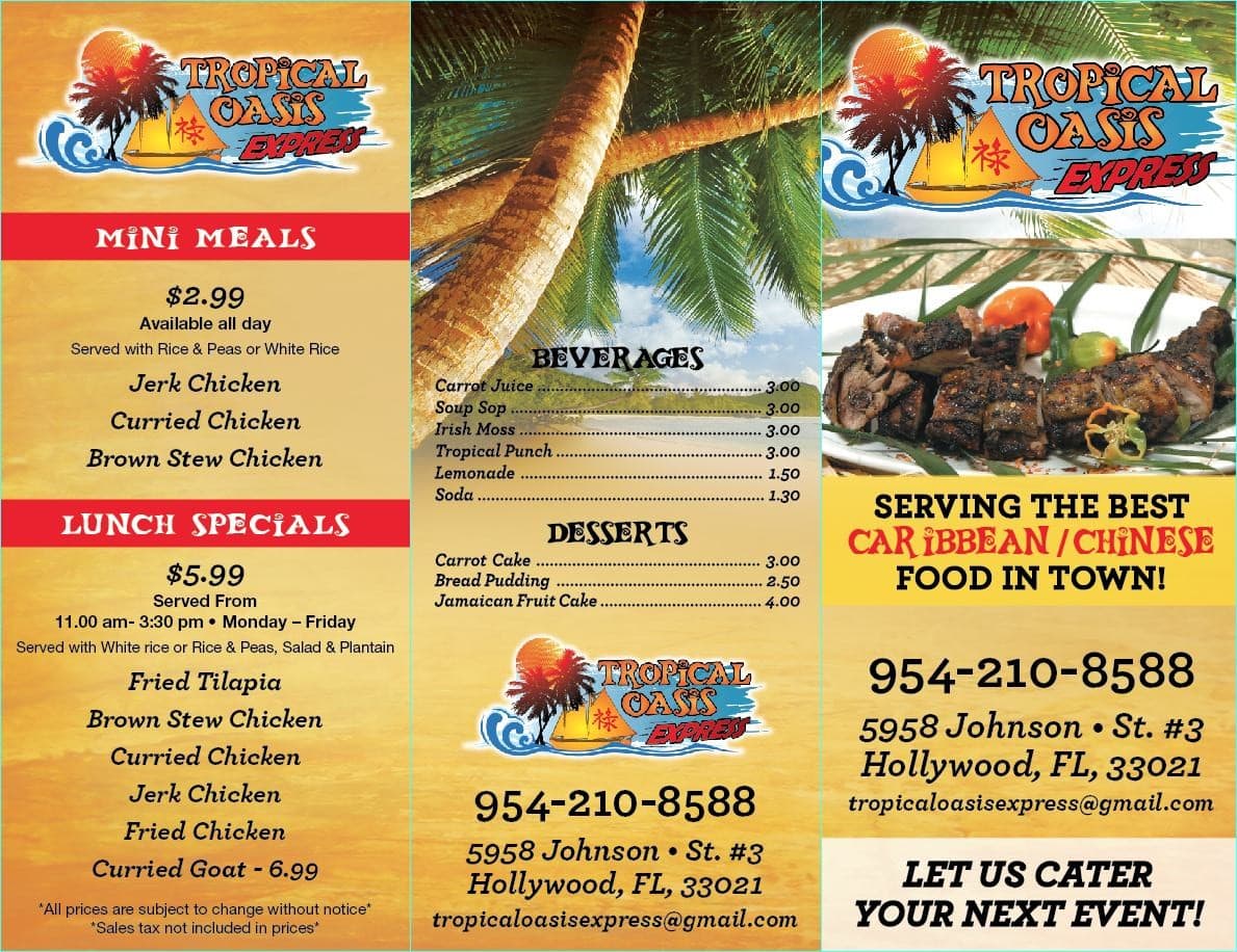 Menu at Tropical Oasis Express restaurant, Hollywood