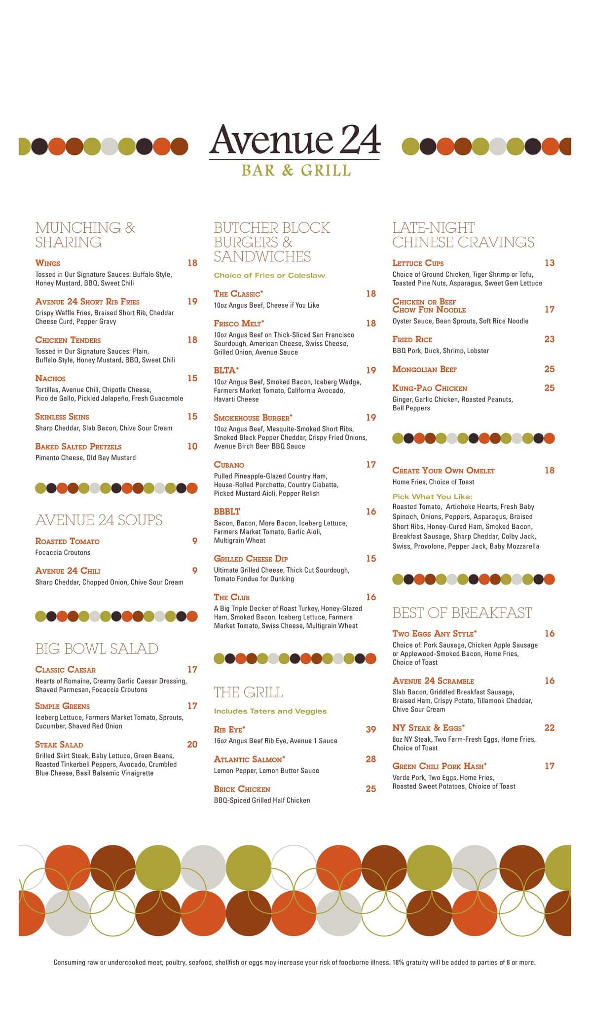 Menu at Avenue 24 At MGM Grand restaurant, Las Vegas