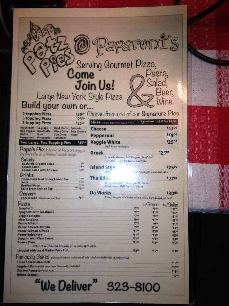 Menu at Paparoni's Pizza Inc restaurant, Captain Cook