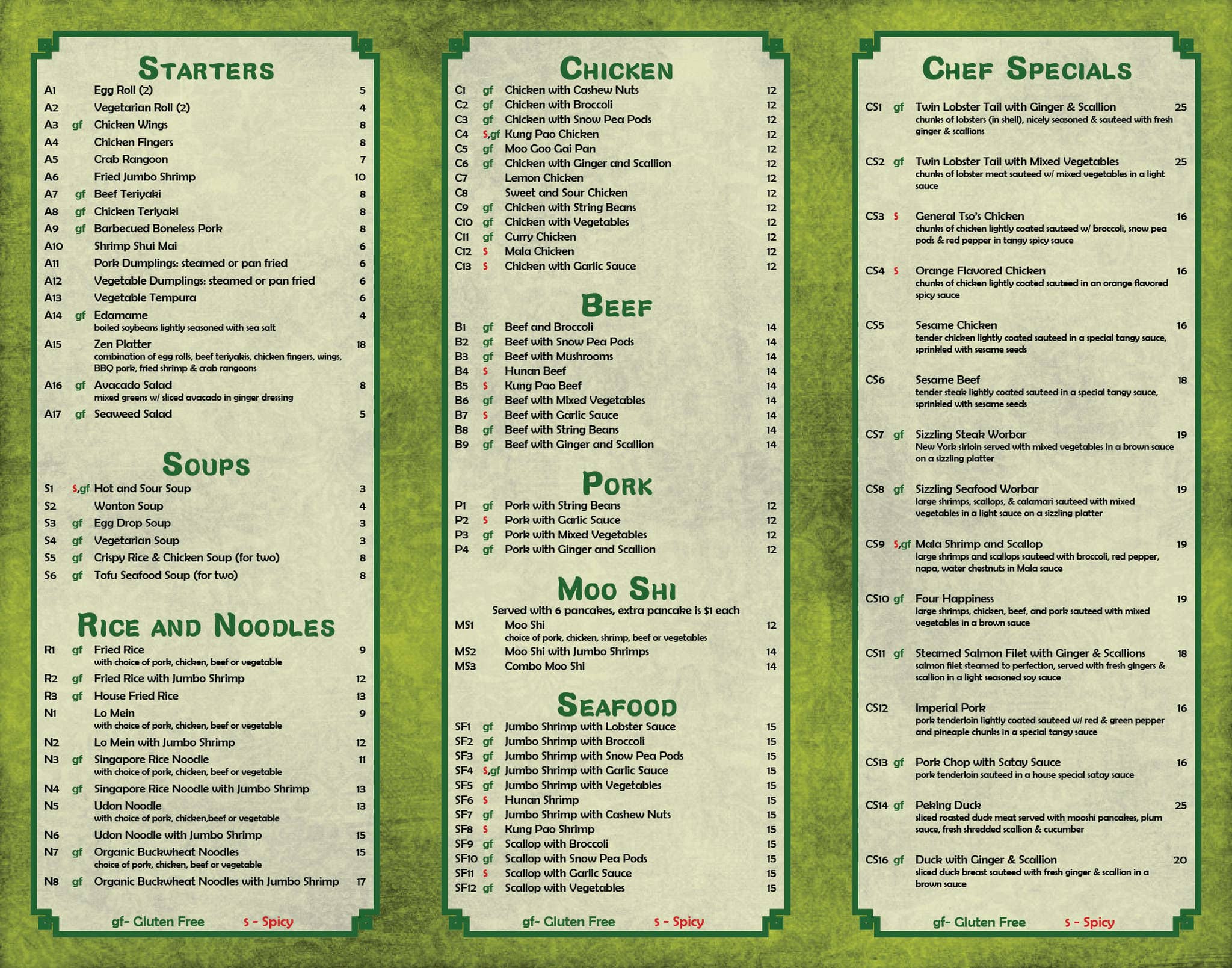 Menu at Zen Chinese Bistro pub & bar, Portland