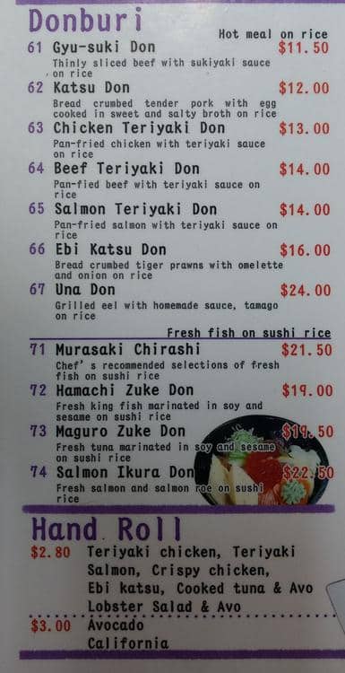 Menu at Murasaki Tanuki restaurant, Wantirna South