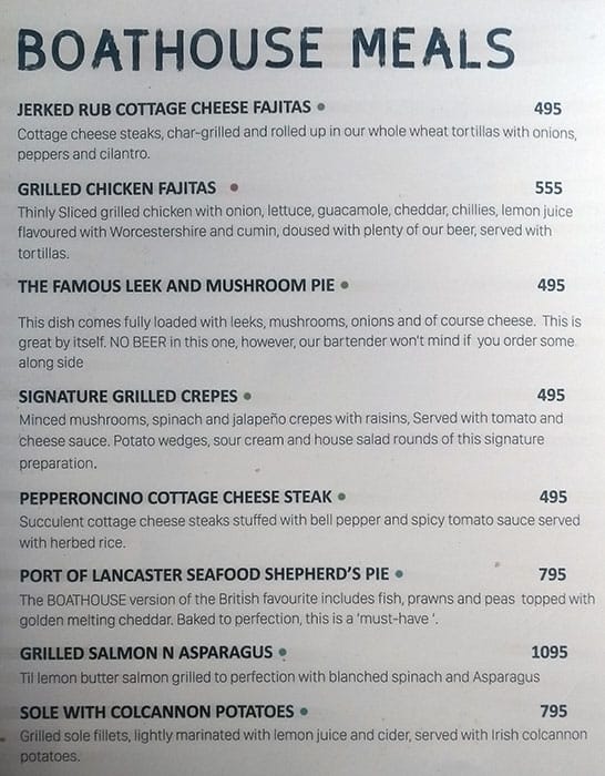 Menu at Boat House, Chandigarh